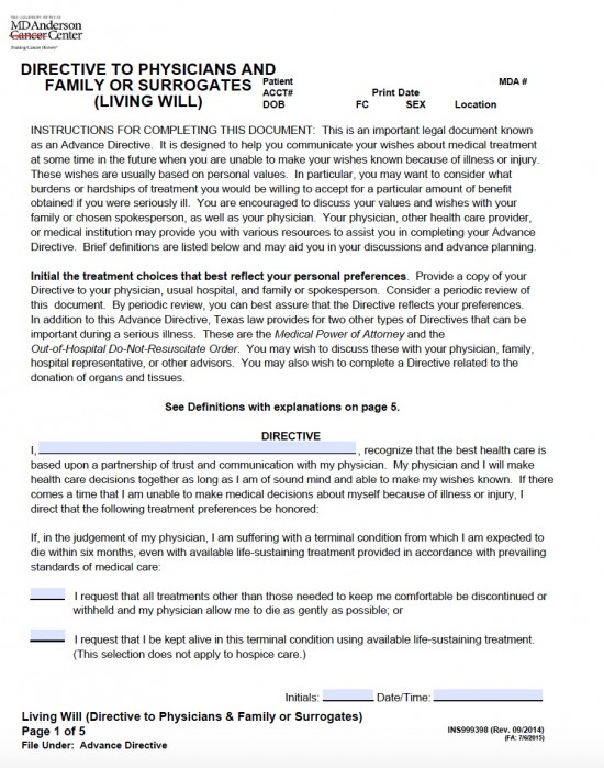 Texas Living Will Form Directive To Physicians And Family Or 
